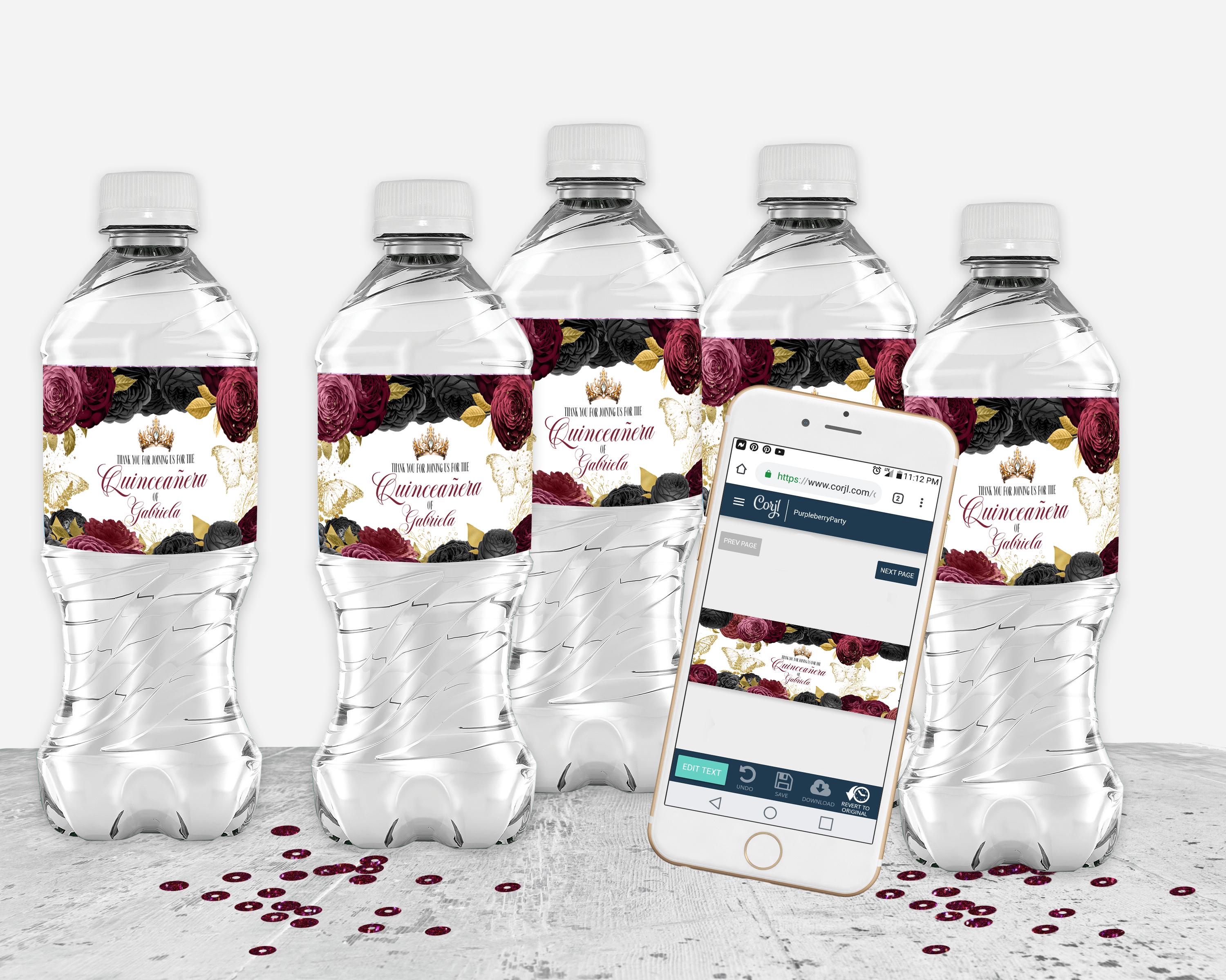 Black and Burgundy Floral Quinceanera Water Bottle With Gold ...