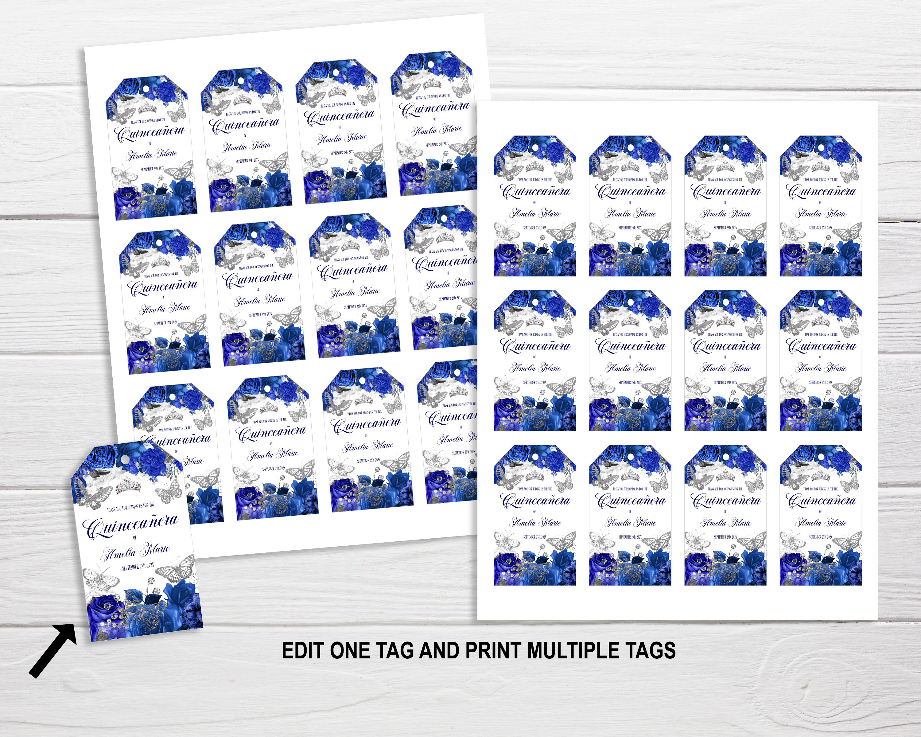 Royal Blue Quinceanera Favor Tags With Blue Roses and Silver ...