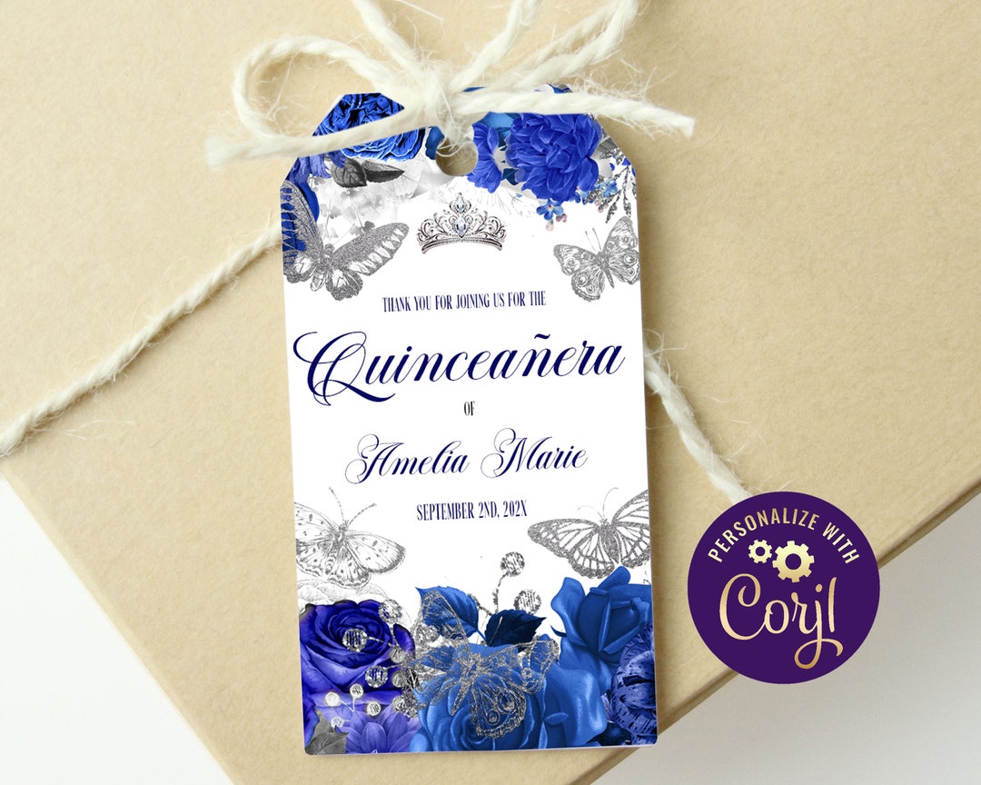 Royal Blue Quinceanera Favor Tags With Blue Roses and Silver ...