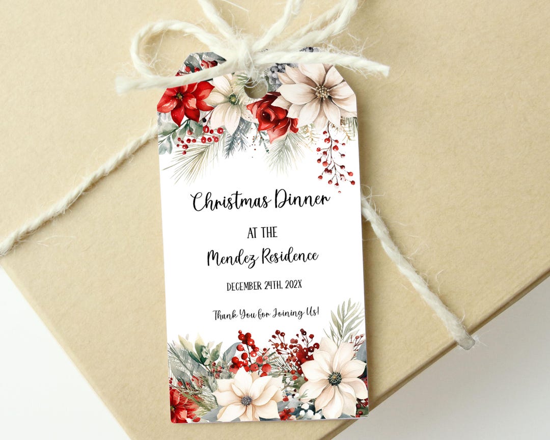 Editable Poinsettia Christmas Party Favor Tags & Gift Tags Botanical ...