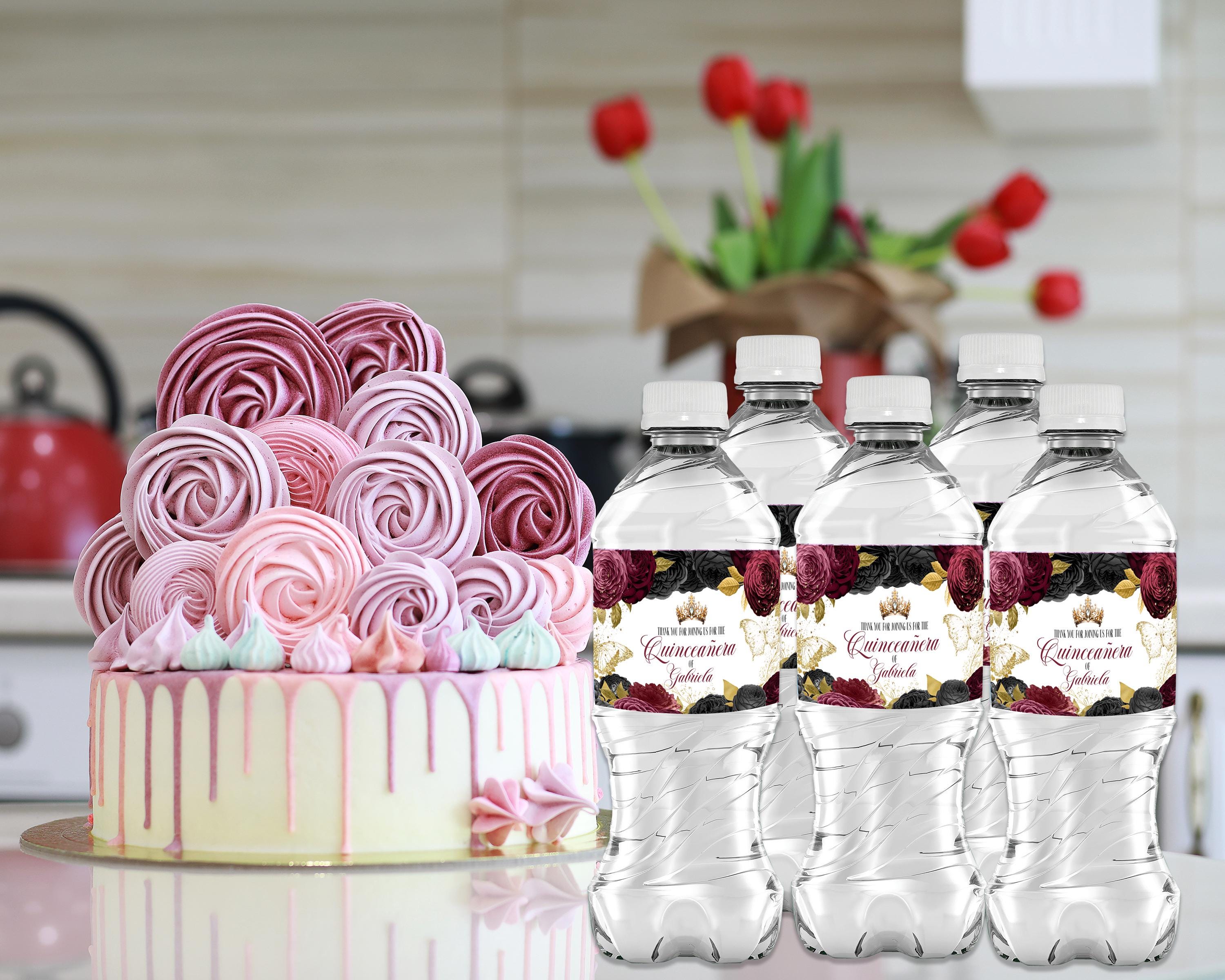 Black and Burgundy Floral Quinceanera Water Bottle With Gold ...