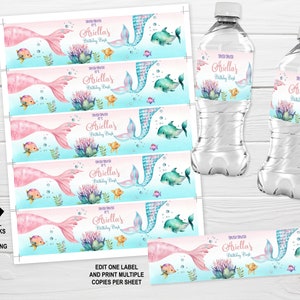 Editable Mermaid Bottled Water Labels Mermaid 1st Birthday Party 5th ...