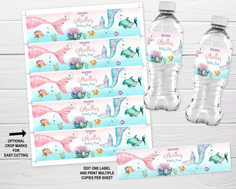Editable Mermaid Bottled Water Labels Mermaid 1st Birthday Party 5th ...