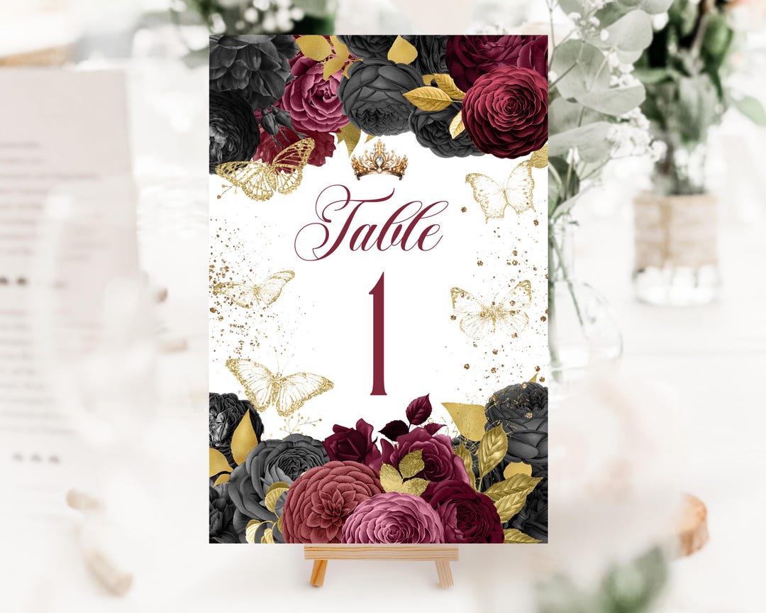 Editable Burgundy Black Quinceanera Table Numbers Flowers Gold ...