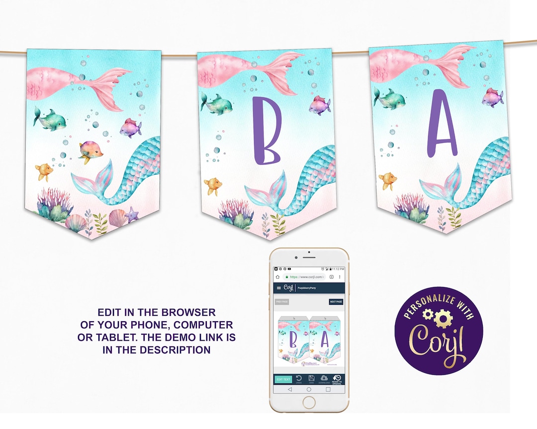 Editable Mermaid Baby Shower Banner Customized Mermaid Sea Banner Under ...