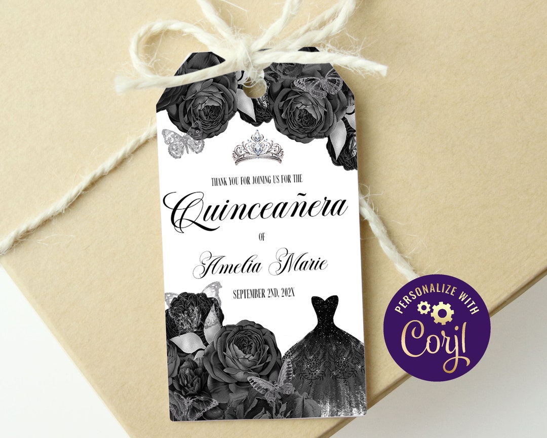 Quinceanera Favor Tags With Black Roses and Silver Butterflies Mis ...