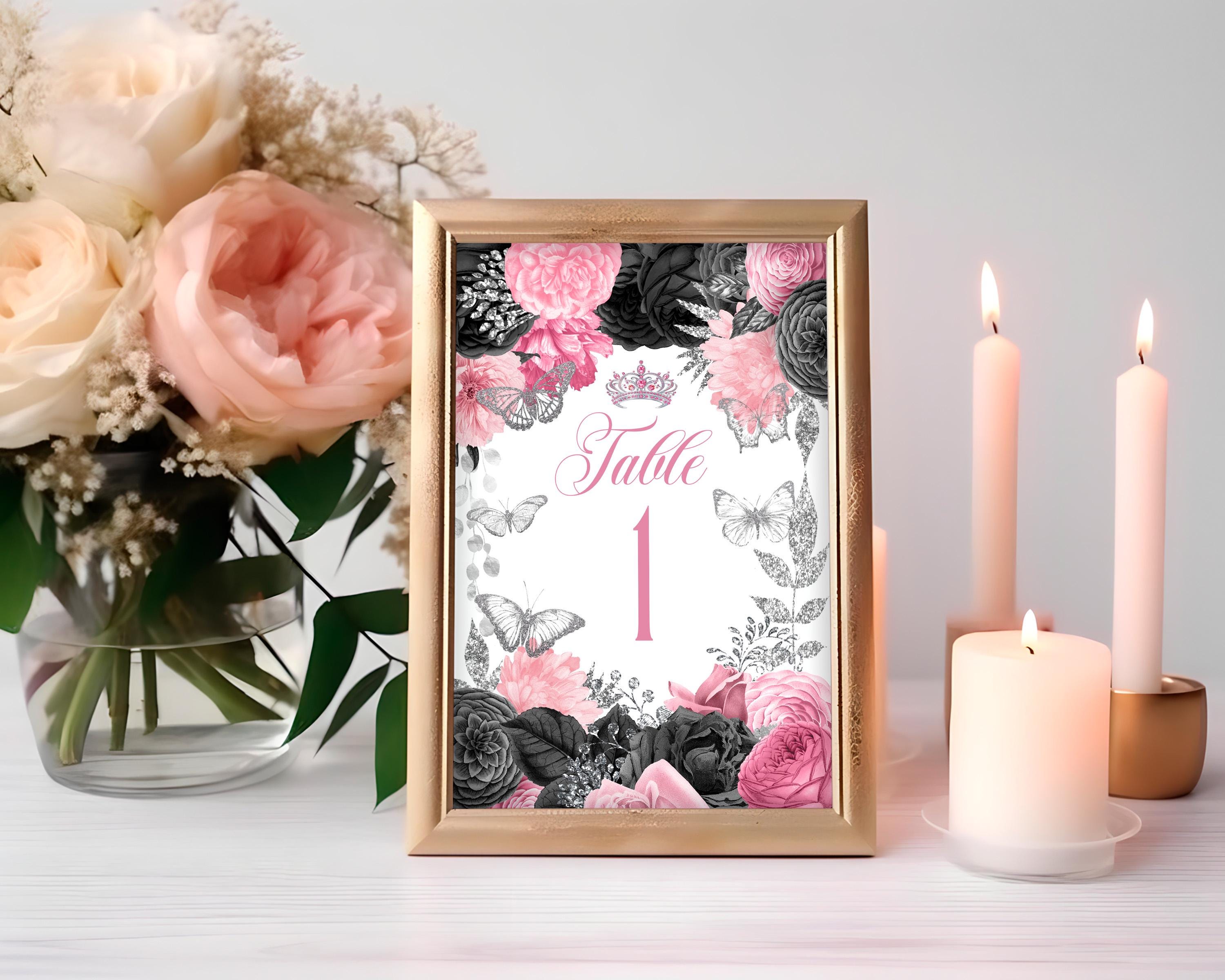 Editable Pink Black Quinceanera Table Numbers Pink Black Flowers Silver ...