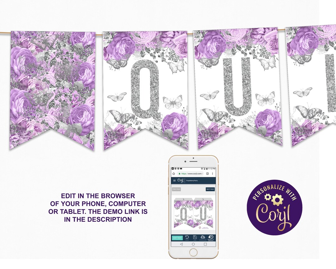 Editable Lilac Quinceanera Banner Lilac Flowers and Silver Butterflies ...