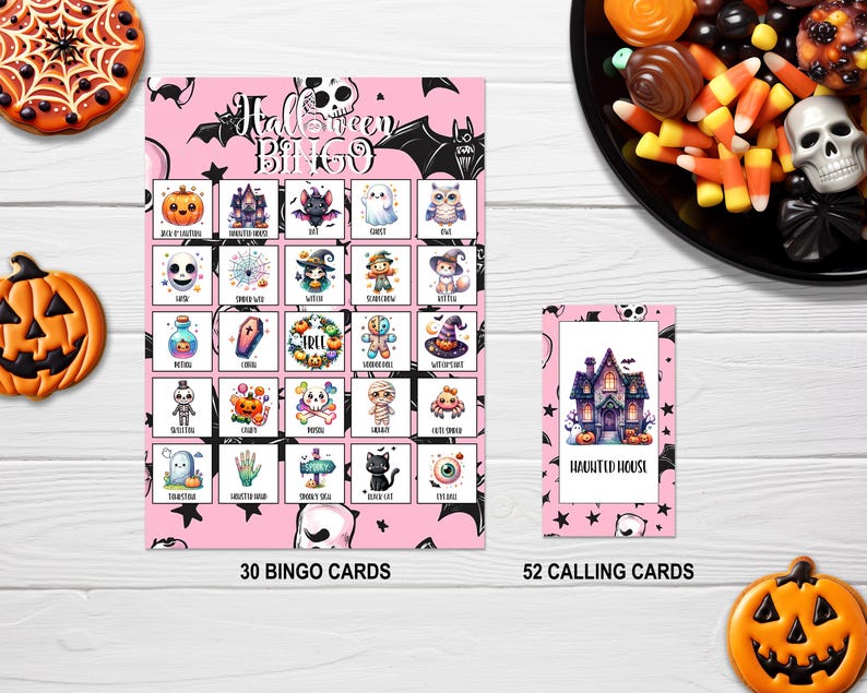Pink Halloween Bingo Game Sheets and Halloween Game Calling Cards ...