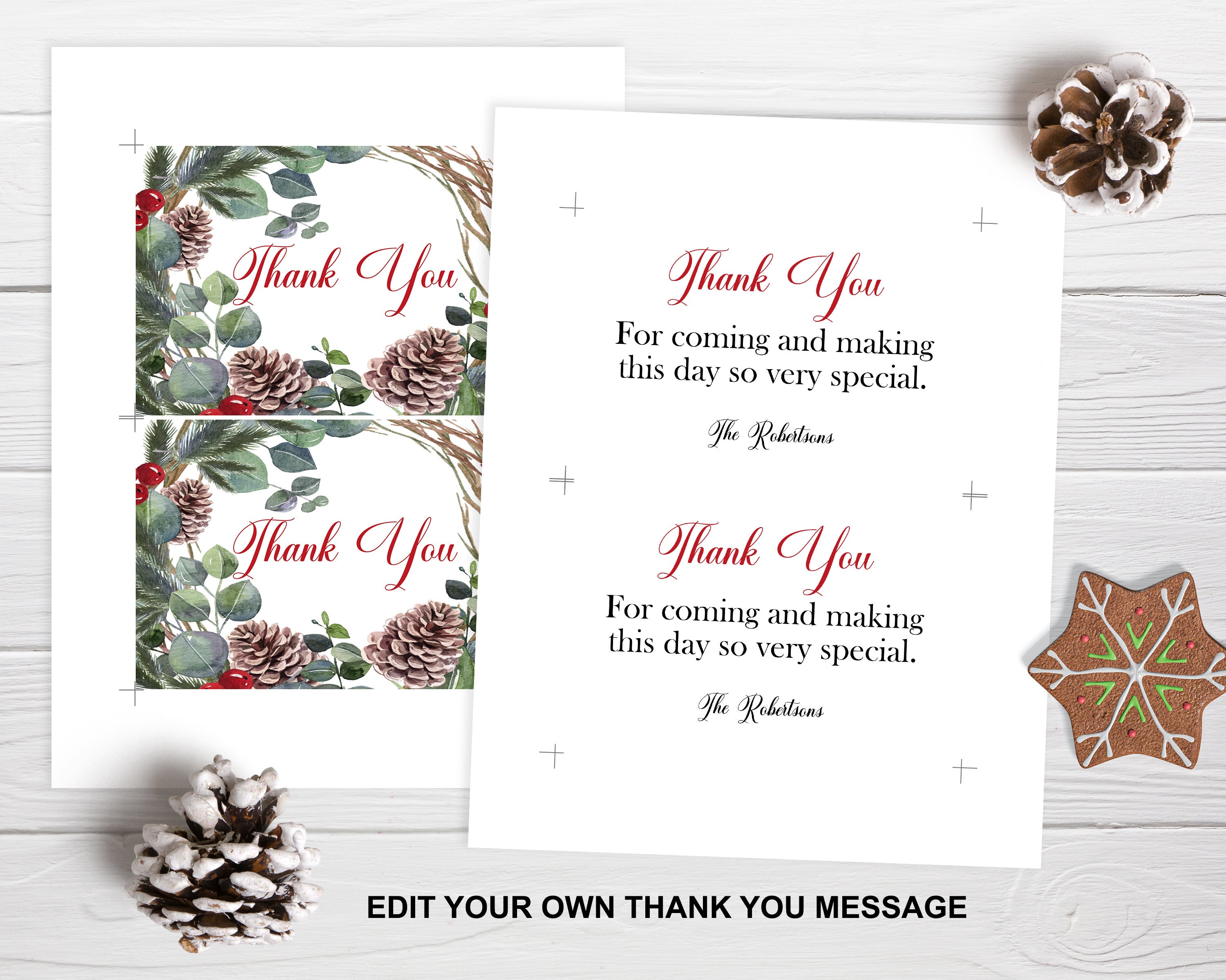 Editable Christmas Thank You Cards Holiday Notecards Winter Holly Thank ...