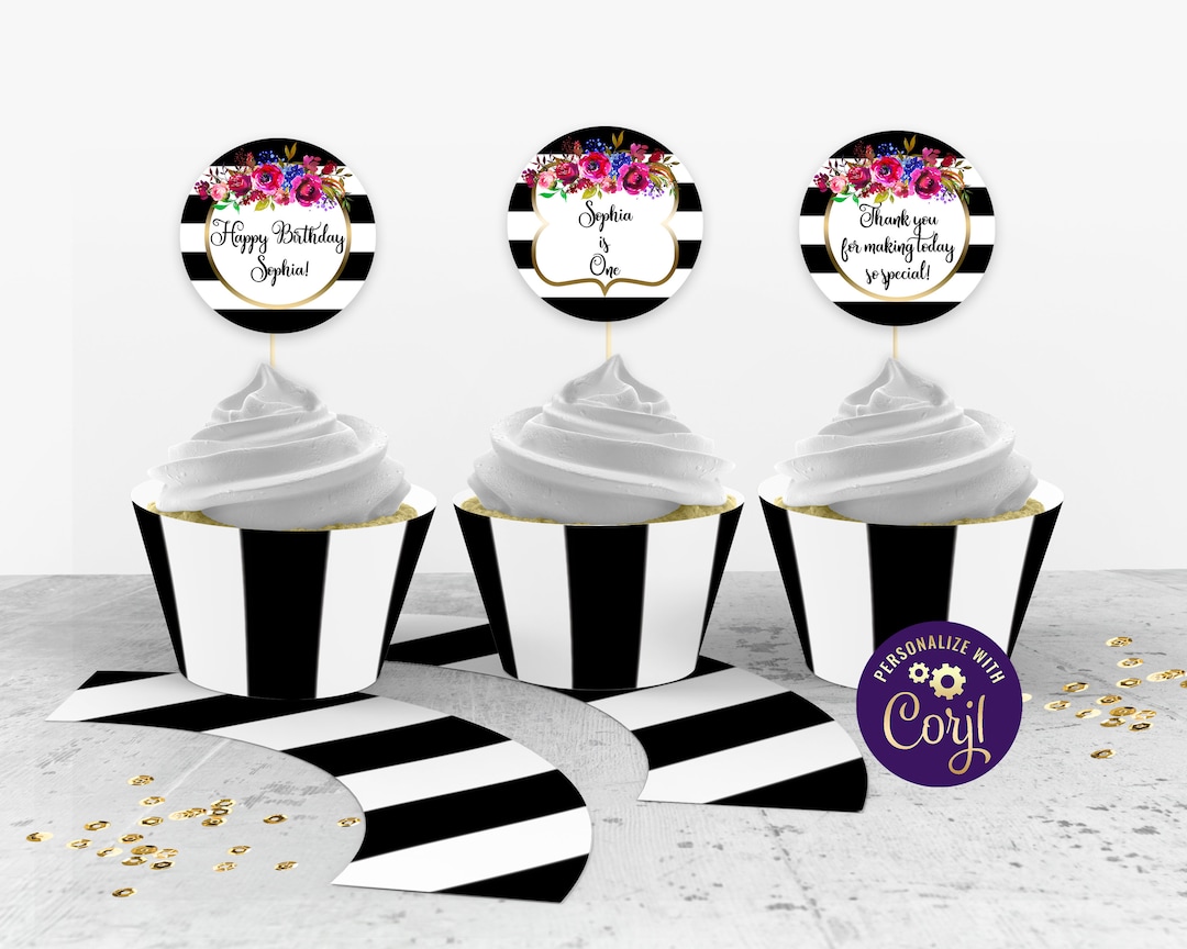 Editable Black and White Cupcake Toppers Black and White Stripe Cupcake ...