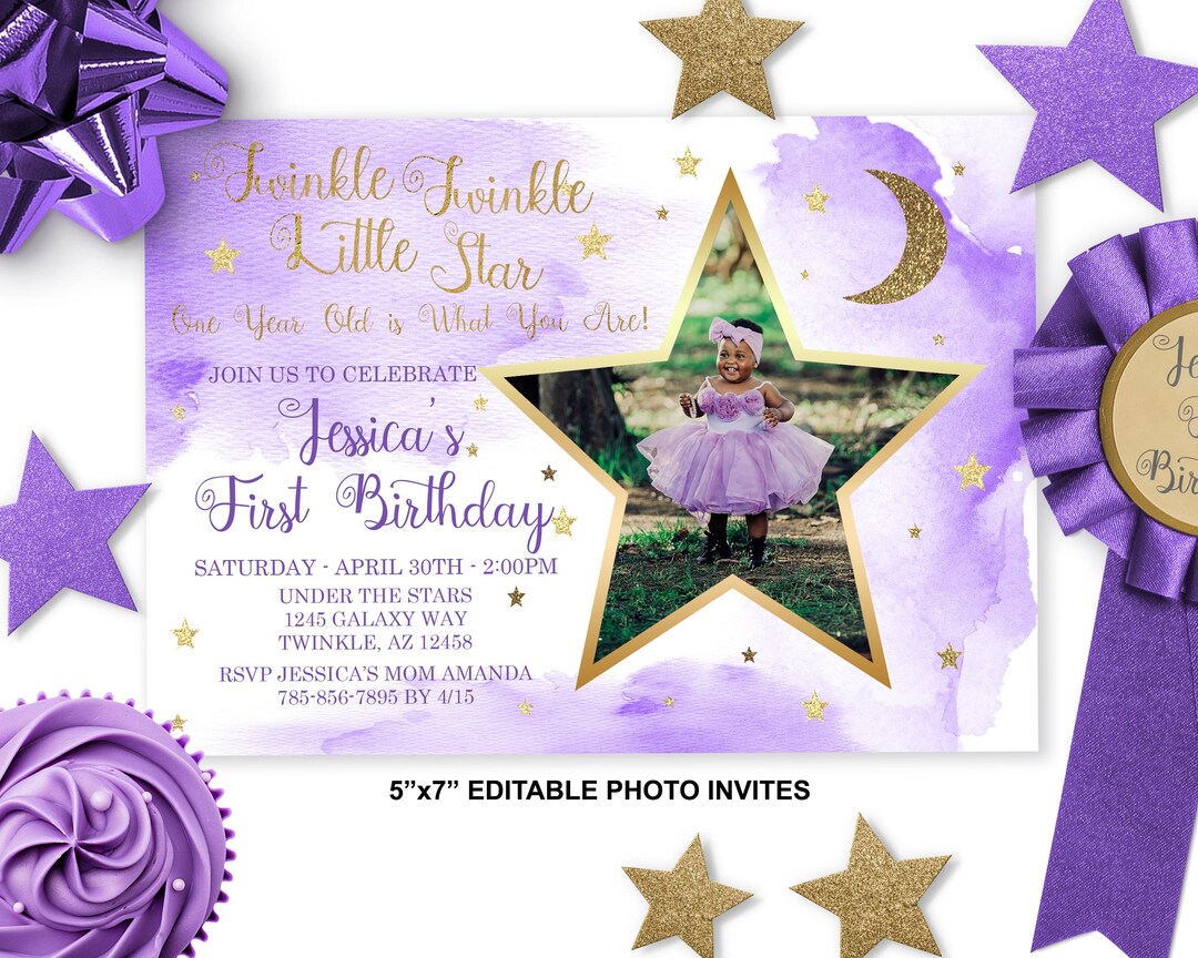 Purple Twinkle Little Star First Birthday Photo Invitation Lilac Purple ...