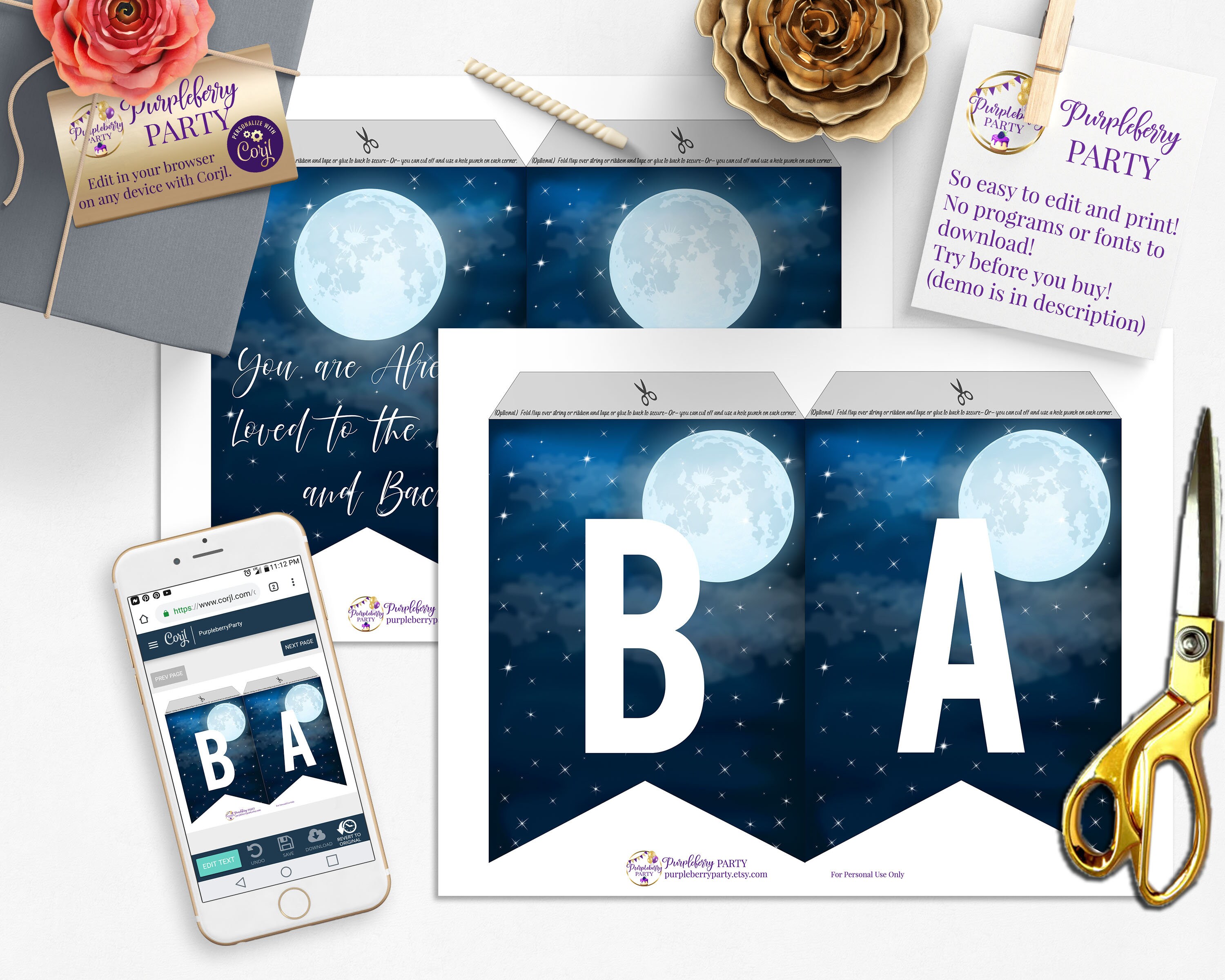 Moon and Stars Baby Shower Banner, Over the Moon, Space Themed, ID158 ...