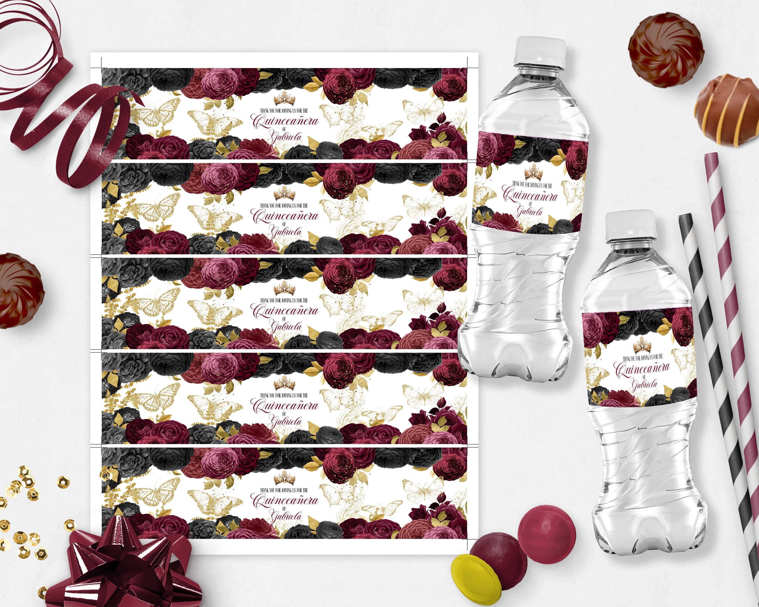 Black and Burgundy Floral Quinceanera Water Bottle With Gold ...