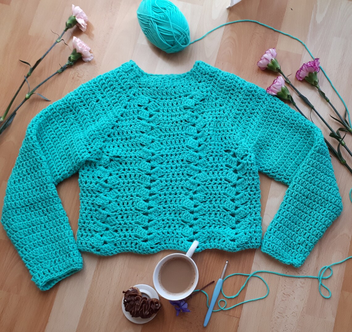 Green Wave Sweater Pattern / Crochet Sweater Raglan Style / | Etsy