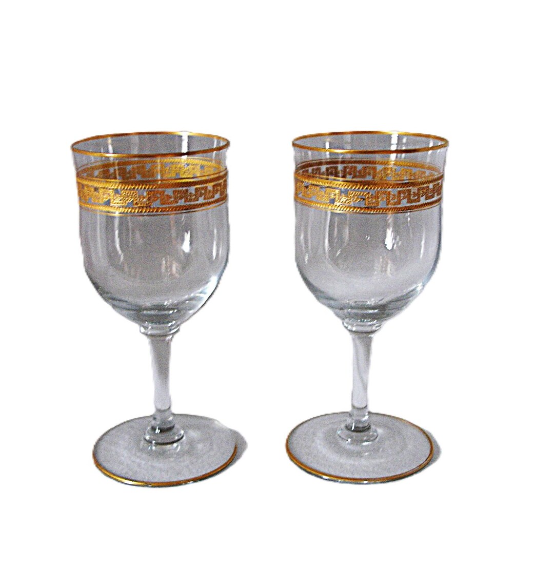 Saint Louis Crystal Gilt Greek Key Etched Glass Stemmed Goblets - Etsy