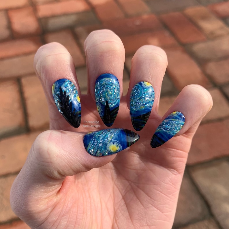 STARRY NIGHT Van Gogh Glitter Fine Art Press on Nails Fake | Etsy