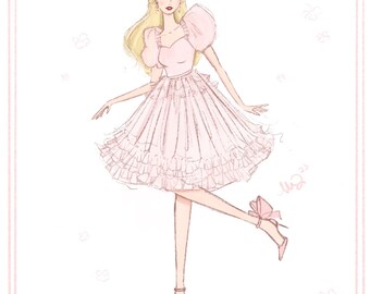 Fashion Illustration, Black-magenta Dress Digital Print, Fashion Art ...