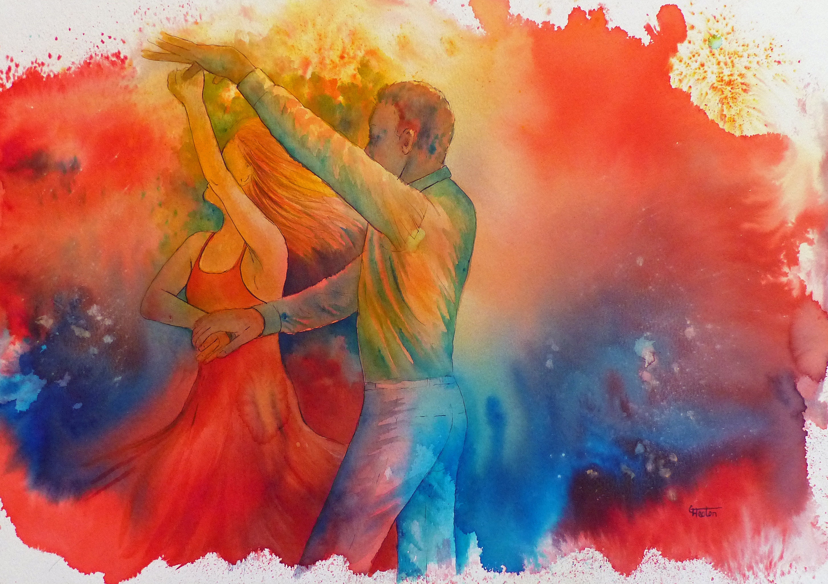 Original Watercolour and Ink A3 Abstract Painting of Dancers, Art ...