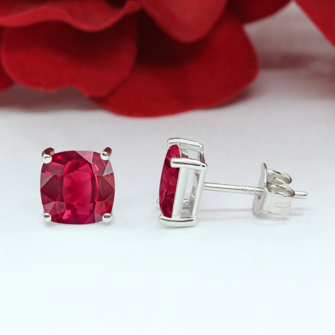 3mm-8mm Cushion Cut Square Ruby CZ Stud Earrings Solid 925 Sterling ...