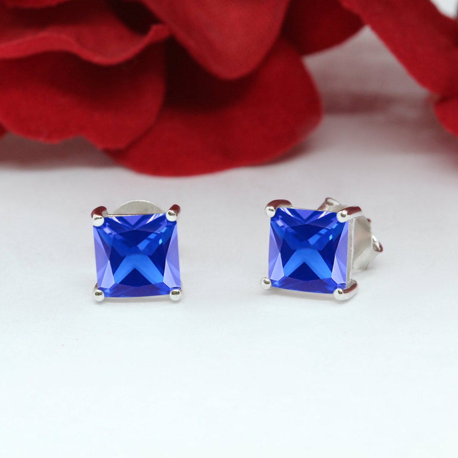 4mm-9mm Princess Cut Square Tanzanite CZ Stud Earrings Solid 925 ...