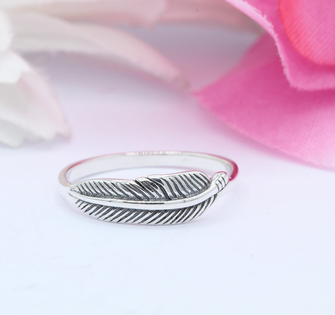 New Design 6mm Sideways Feather Ring Oxidized Solid 925 Sterling Silver ...