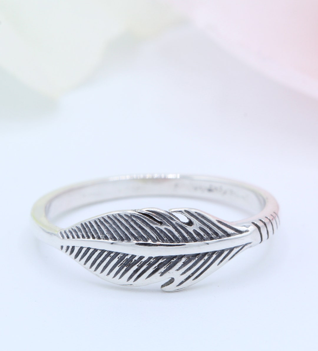 7mm Sideways Feather Ring Oxidized Solid 925 Sterling Silver Feather ...