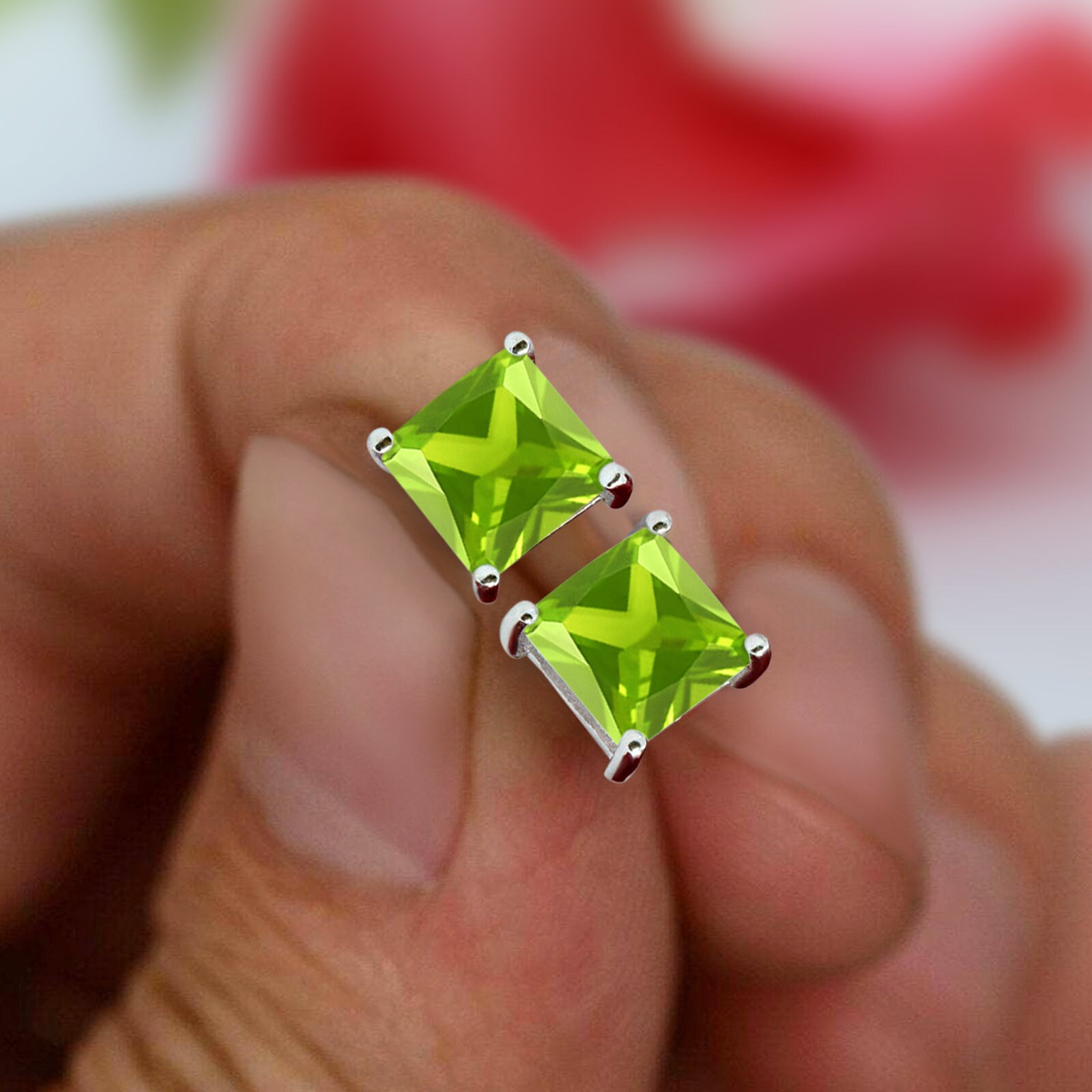 4mm-9mm Princess Cut Square Peridot Green CZ Stud Earrings Solid 925 ...