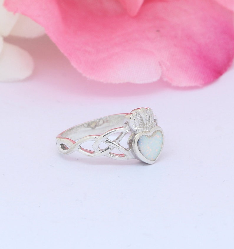 Celtic Claddagh Ring Irish Promise Ring Heart Lab White Opal Round ...
