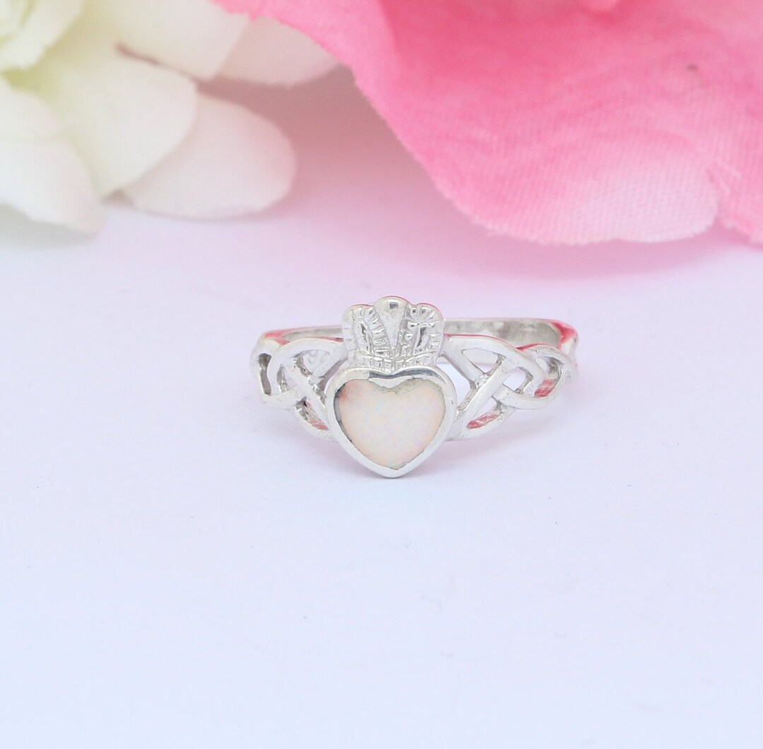 Celtic Claddagh Ring Irish Promise Ring Heart Lab White Opal Round ...