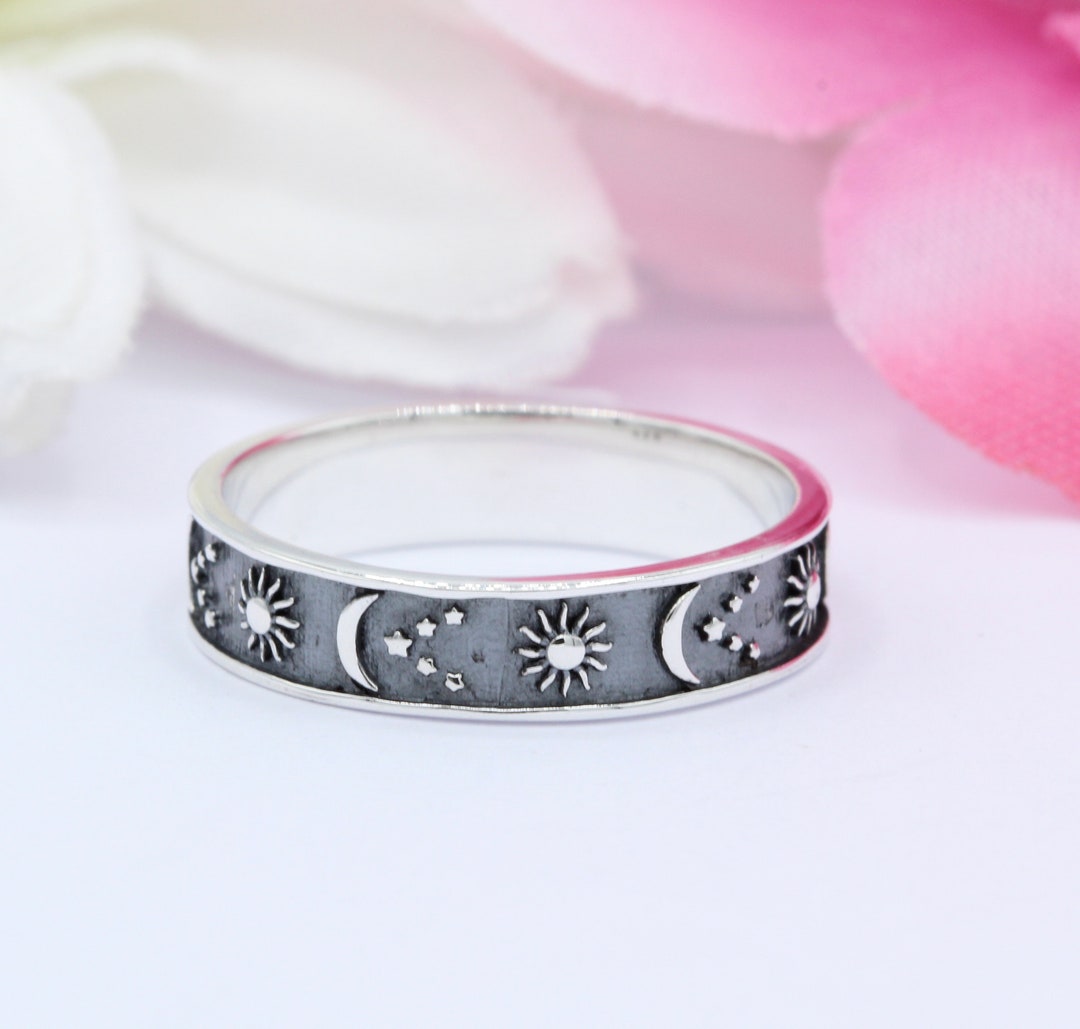 5mm Sun Moon Stars Ring Band Oxidized Solid 925 Sterling Silver Moon ...