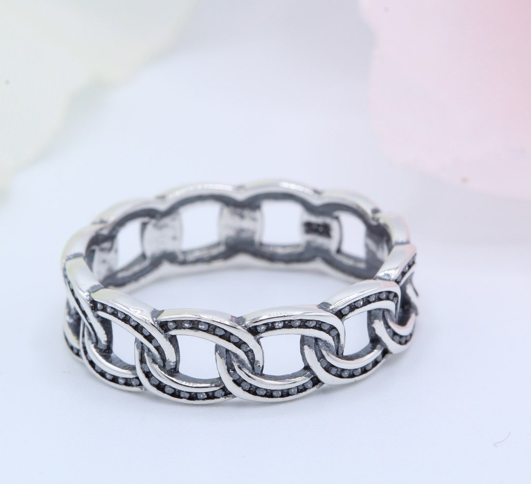 6mm Chain Link Wedding Band Ring Solid 925 Sterling Silver Men Women Unisex Oxidized Chain ...