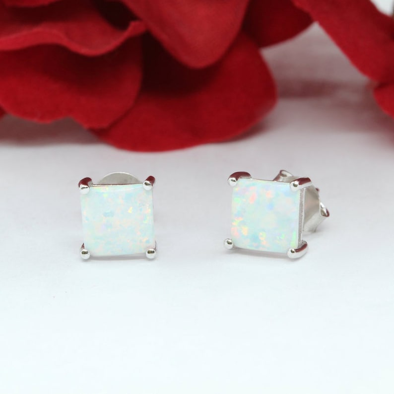 7mm Princess Cut Square Lab White Opal Solitaire Stud Earrings Solid ...