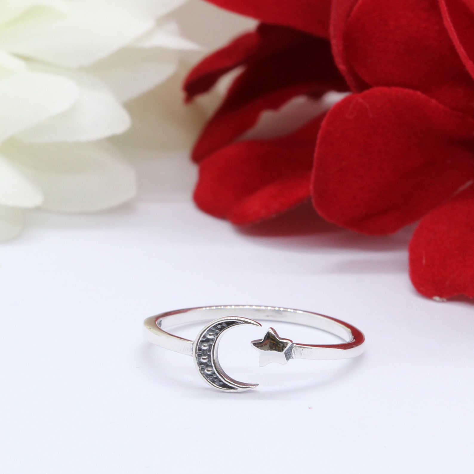 Moon Star Ring Band Oxidized Solid 925 Sterling Silver Star Moon Ring ...