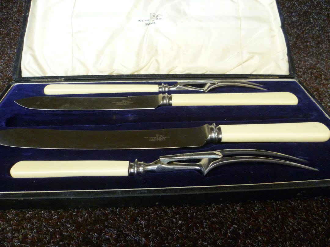 An Antique Faux Bone Handled Carving Knife Set by 'walker & Hall' Four ...