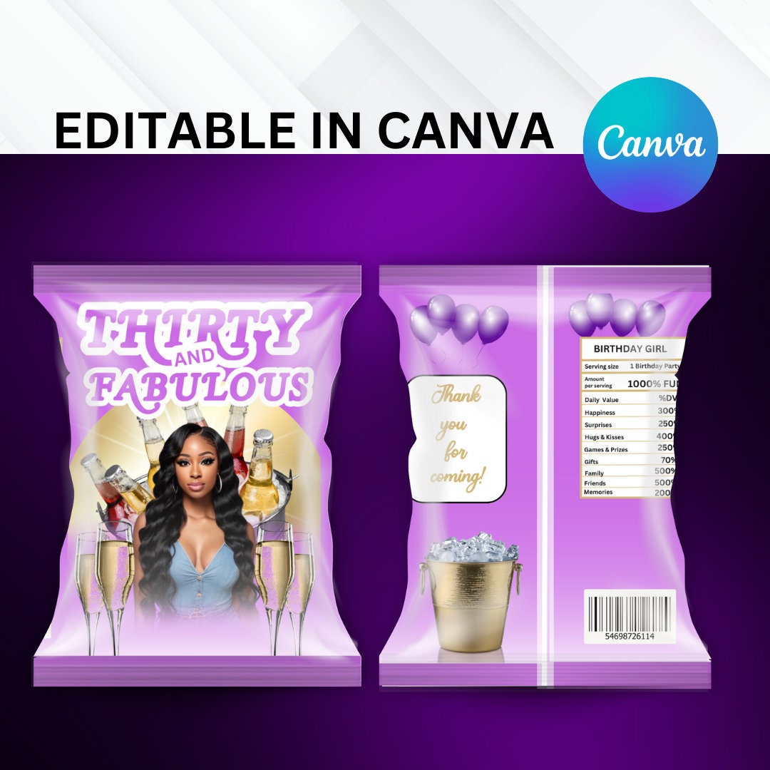 Adult Birthday Chips Bag Template | DIY Editable in Canva | Party ...