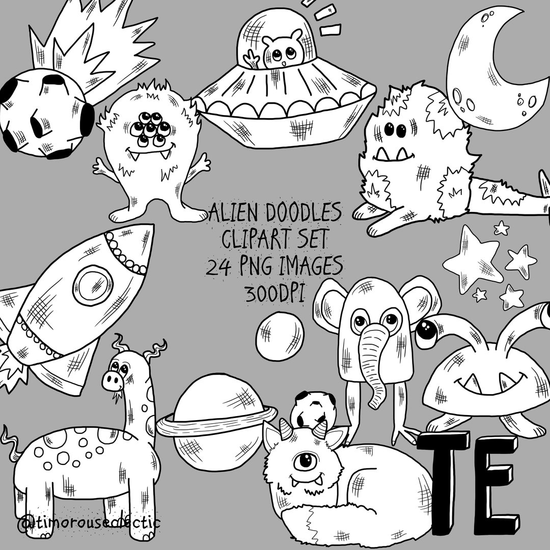 Alien Doodle Clipart Set 24 X PNG Images Outline White - Etsy