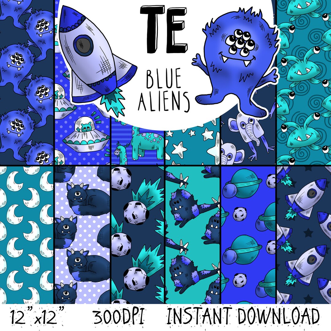 Alien Digital Papers. 12 Seamless Patterns. Blue Outer Space Theme ...