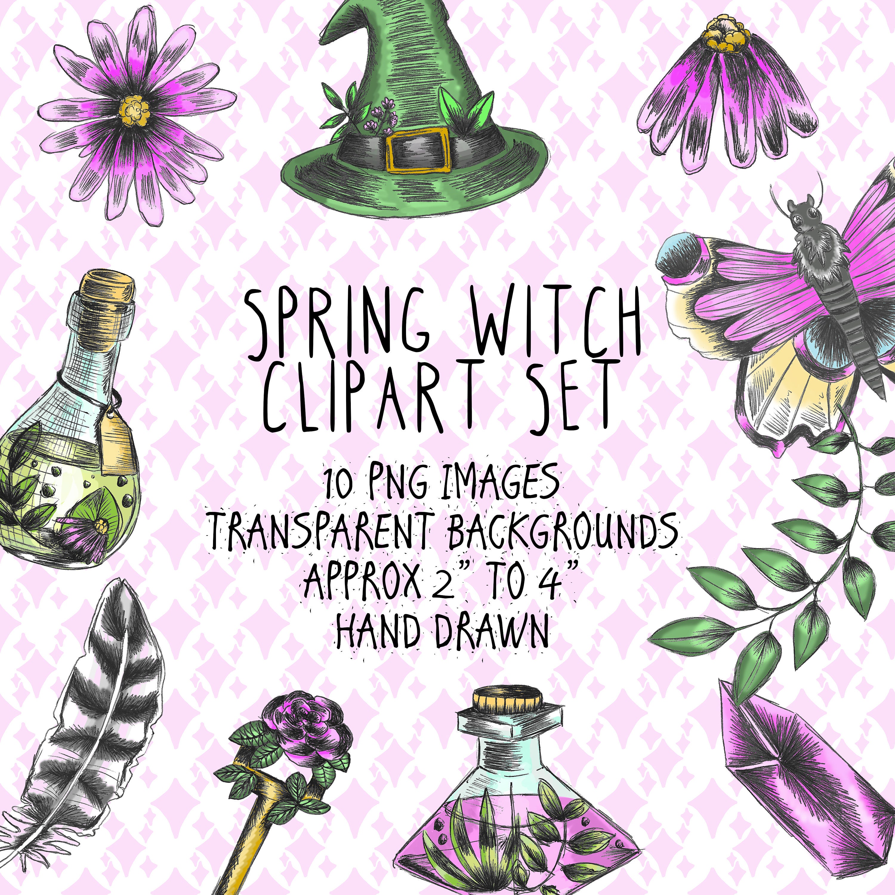 Spring Witchcraft Clipart. 10 X PNG Images. Hand Drawn Witch - Etsy UK