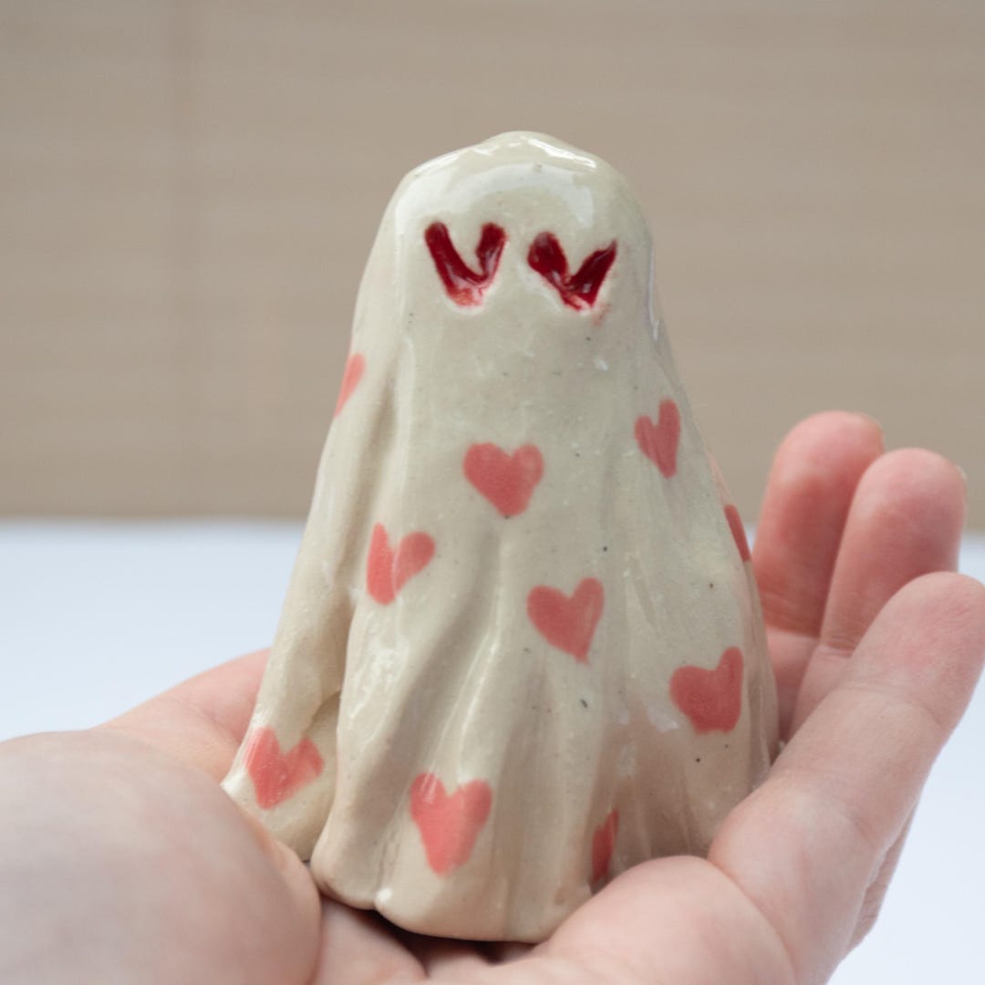 Handmade Ghost Figurine - Pastel Pink Hearts and Heart Eyes - Etsy