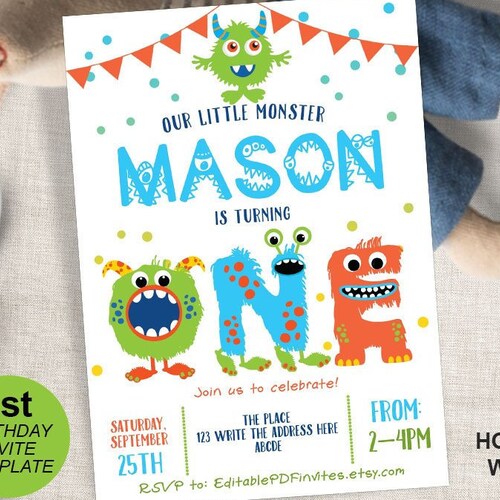 Monster 1st Birthday Invitation Little Monster First Invite | Etsy