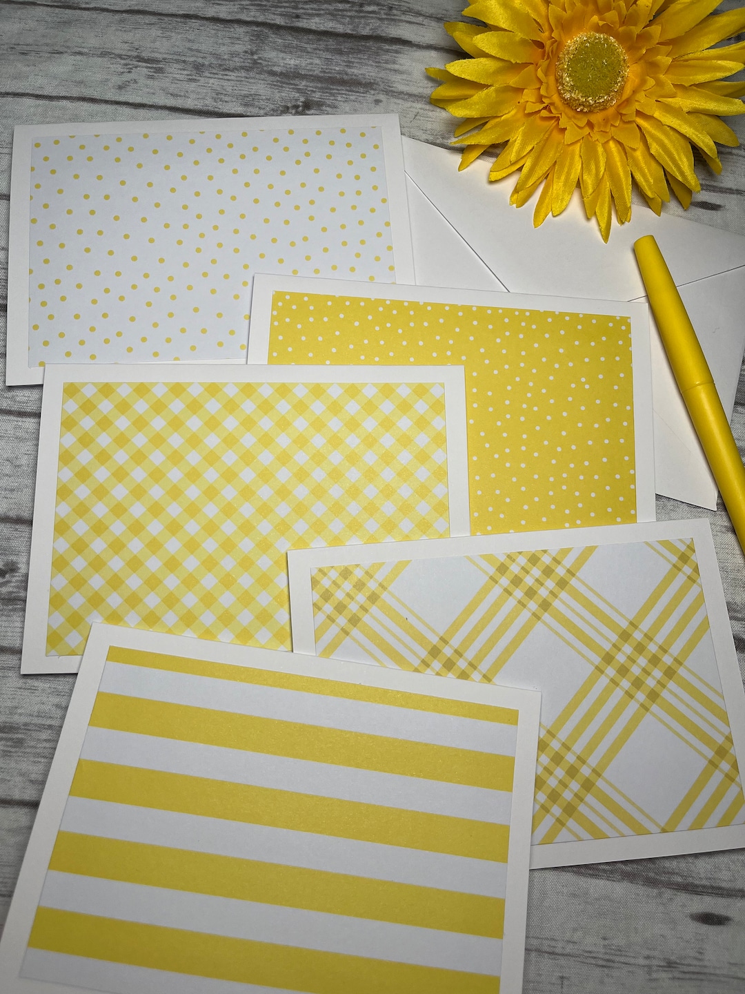 Yellow and White Note Cards, Note Cards 5.5 X 4, Set of 5 Note Cards ...