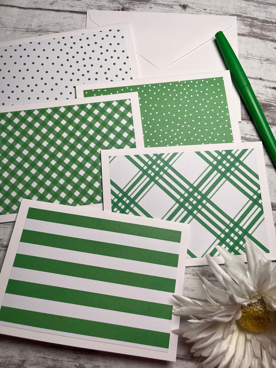 Green and White Note Cards, Note Cards 5.5 X 4, Set of 5 Note Cards ...