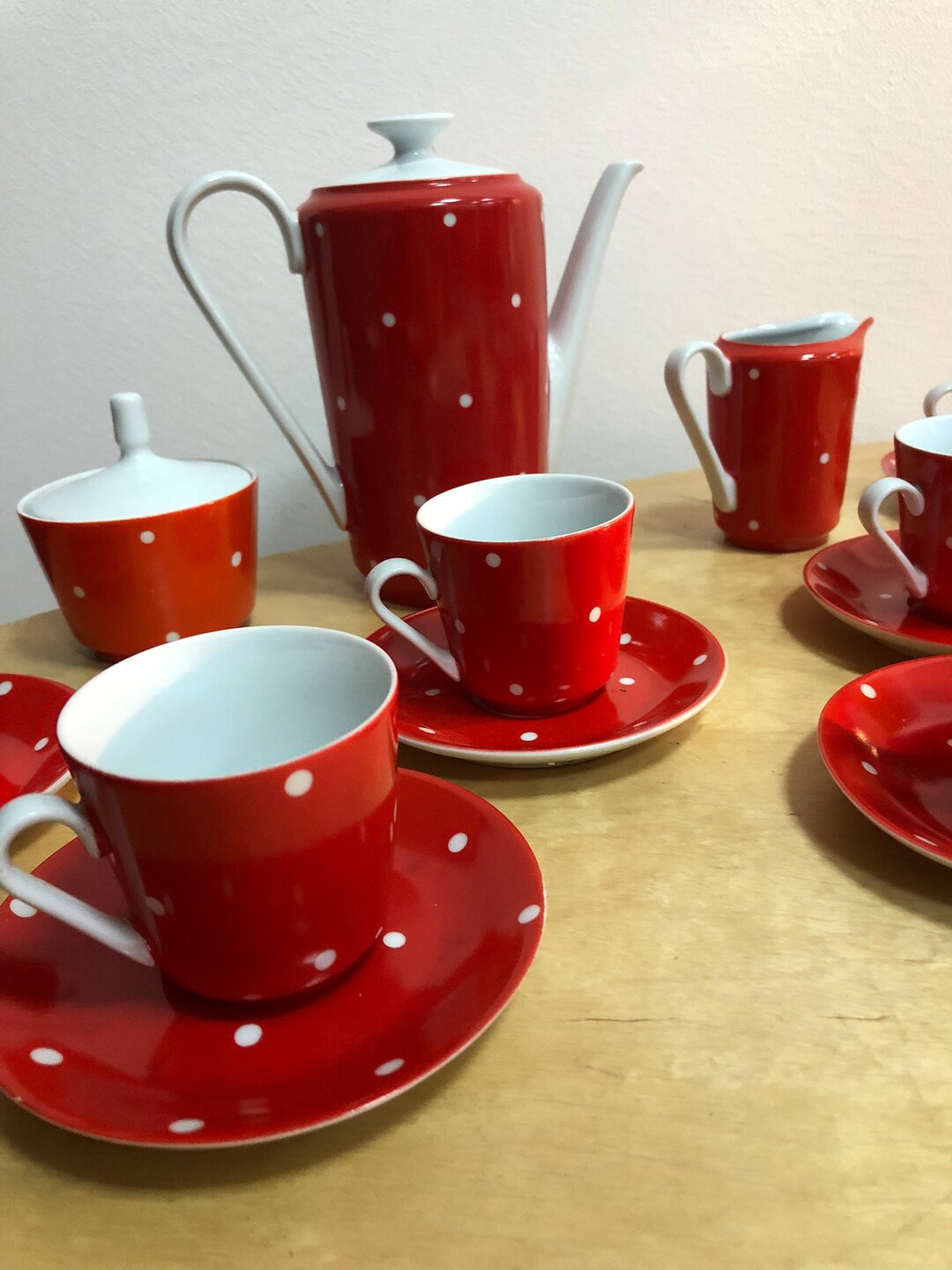 Vintage Red KAHLA GDR Porcelain Coffee Set Demitasse 1970s USSR Nostalgic Kitchen Prop Made in ...