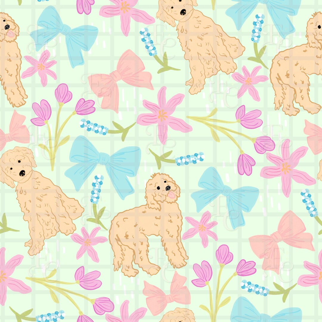 Goldendoodles in Spring Green Seamless Pattern PNG 300 DPI Download for ...
