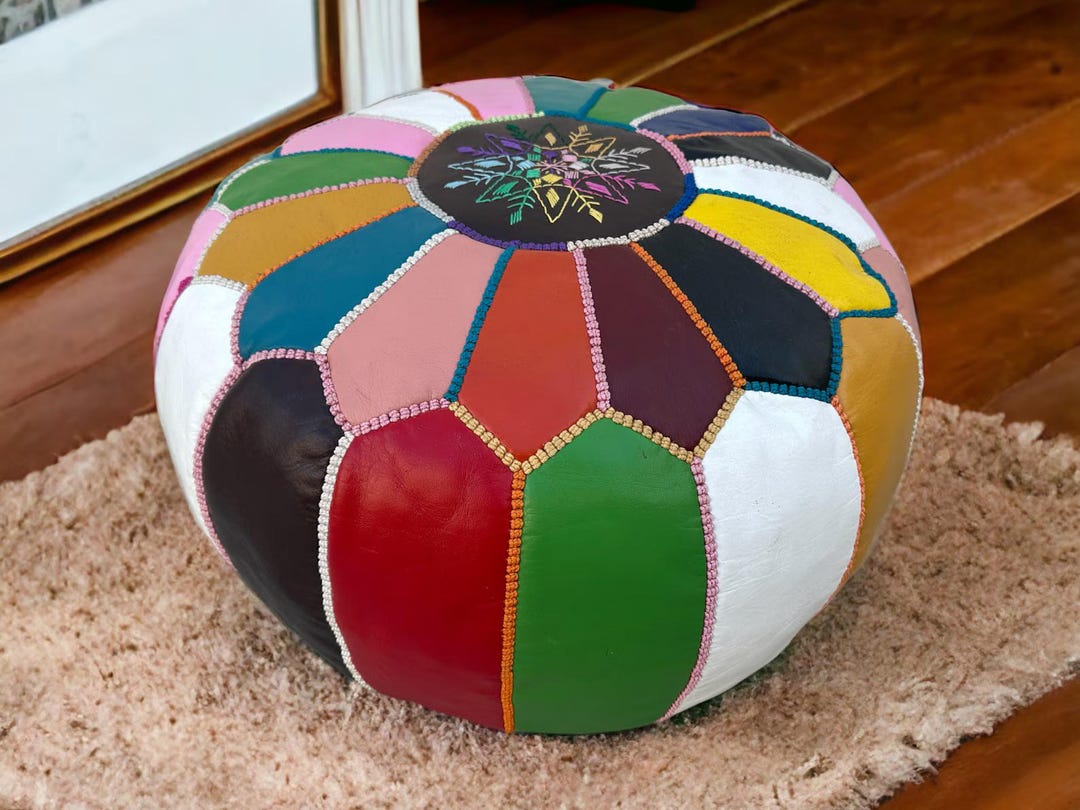 Moroccan Leather Pouf Multicolor Patchwork Ottoman Handmade Boho ...
