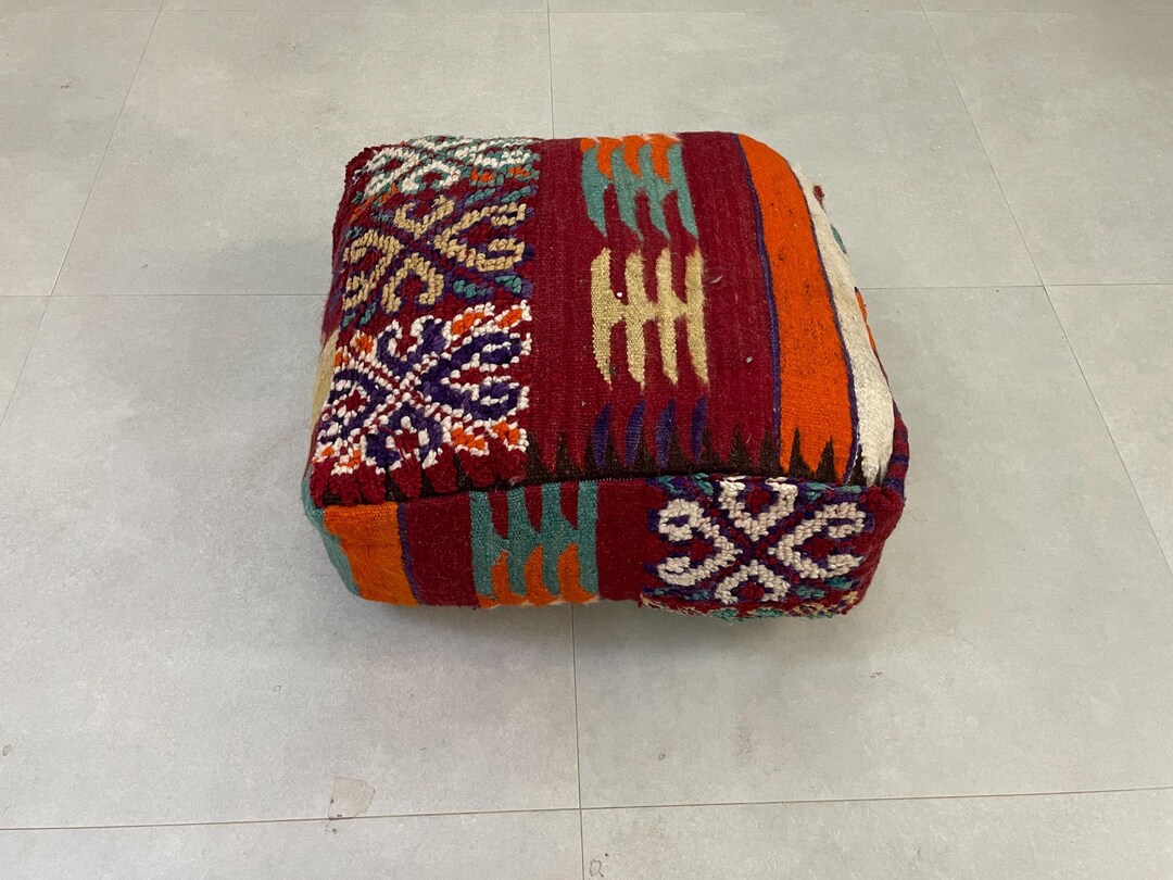 Moroccan Handmade Square Kilim Pouf Bold Red Elegance Wool Pouf, Kilim ...