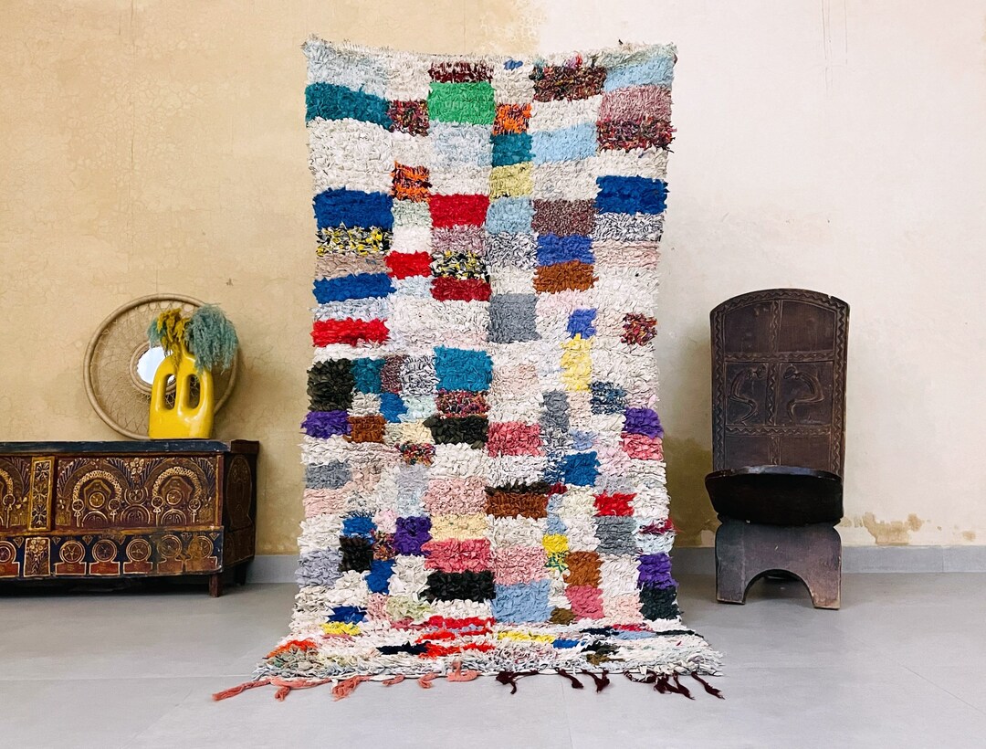 Wall Art, Boho Checkered Rug, Vintage Boucherouite Rug, 3x7 FT, Area ...