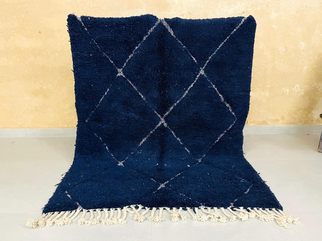 Navy Blue Moroccan Wool Rug Handwoven 5x6 Ft Berber Carpet Diamond ...