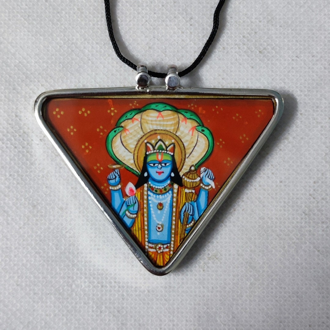 Hand Painted God Vishnu Pendant: Sterling Silver Framed Religious ...